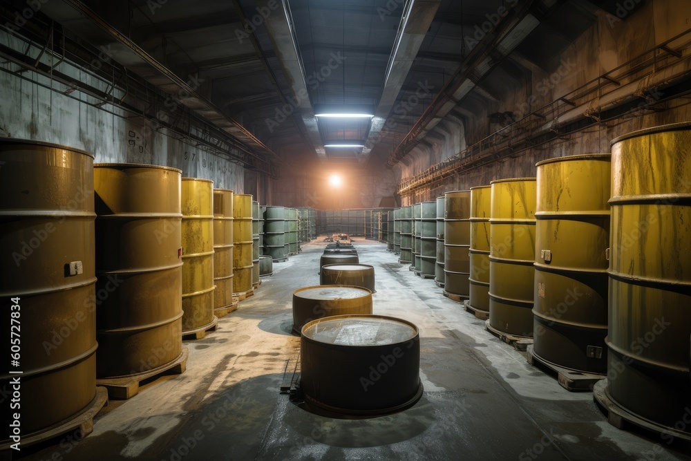 nuclear waste repository, with barrels and drums of radioactive ...