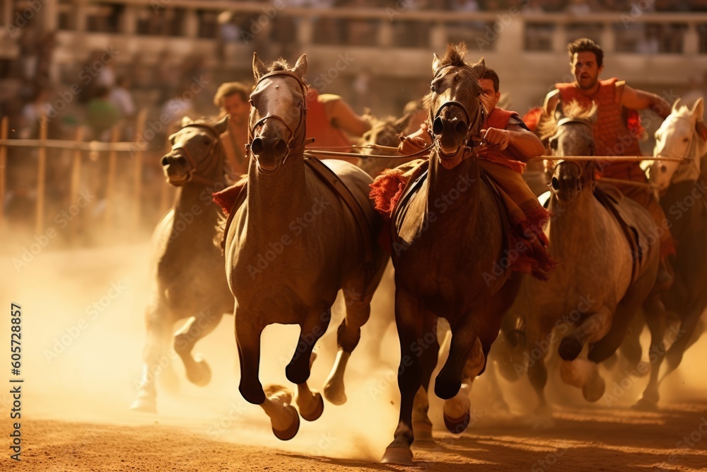 A composition featuring a Roman chariot race in action, capturing the ...