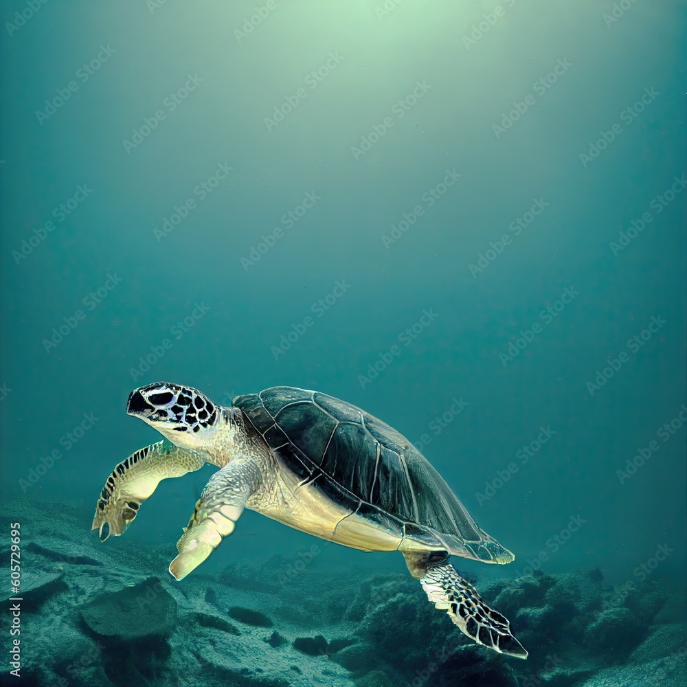 Sea turtle swimming freely in the blue ocean. Scuba diving with the ...