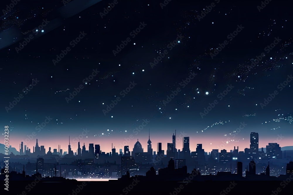 starry night sky with shining stars and silhouette of futuristic city ...