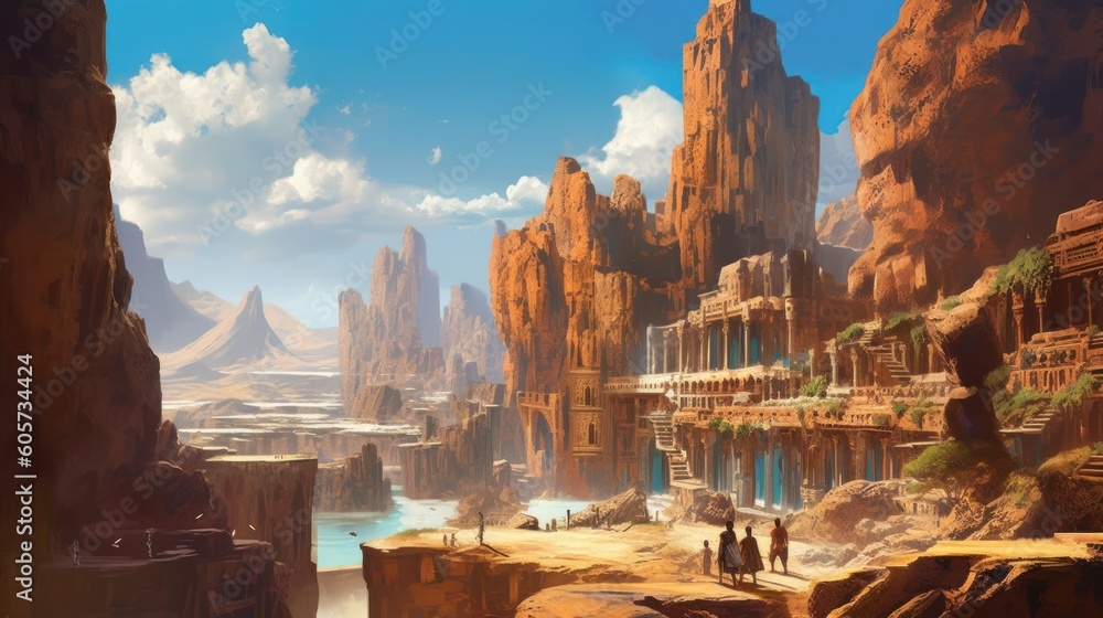 Ancient city buried deep within a desert or underwater realm. Depict ...