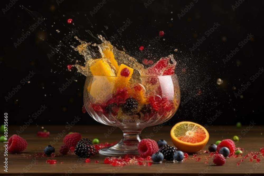 Refreshment fruit cocktail with orange, raspberry, blueberry, lime and ...