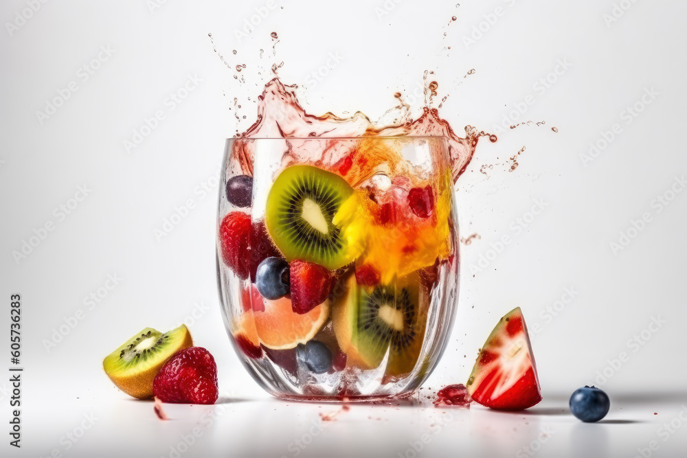 Refreshment fruit cocktail with strawberry, raspberry, blueberry, kiwi ...