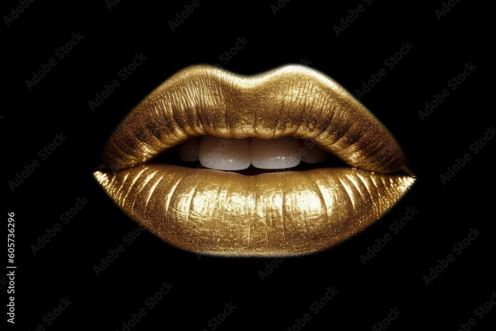 Golden lipstick on lips isolated on black background. Sexy lips, female ...