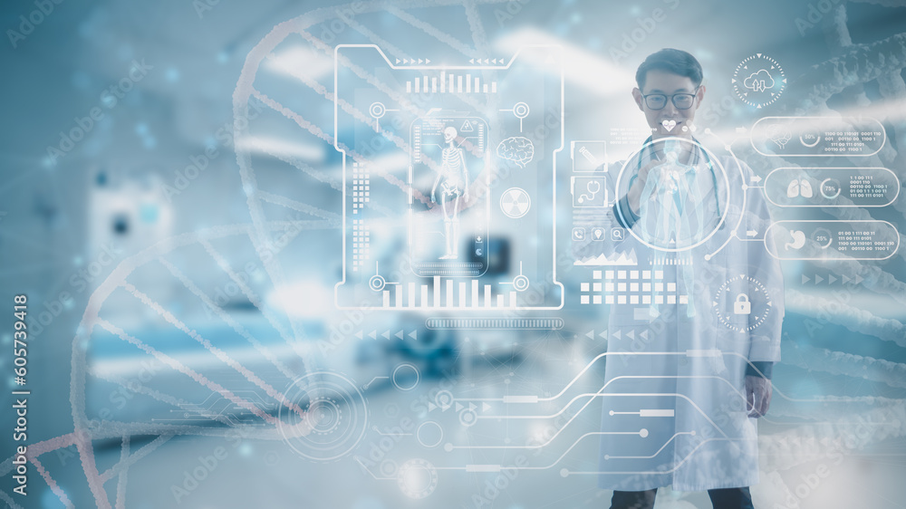Doctor work with digital visual screen. system analysis network ...