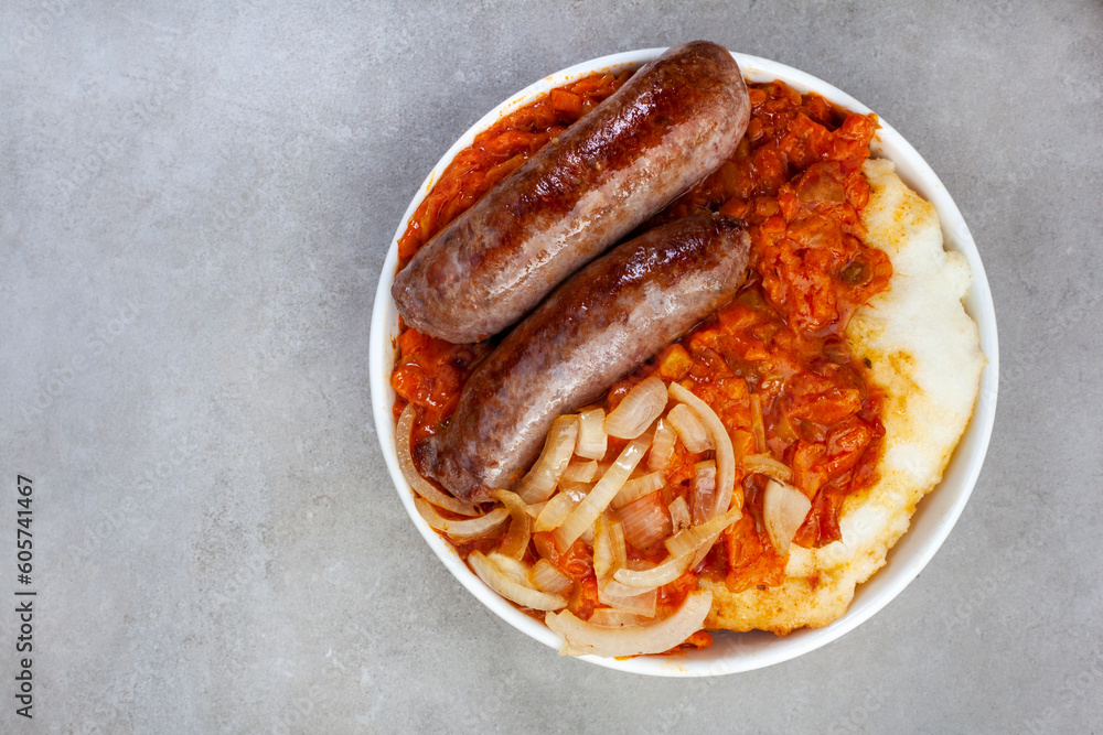 Traditional South African Pap and Wors, sausage with popular maize meal ...