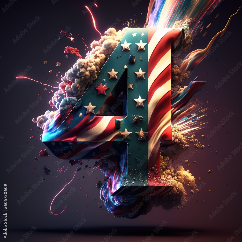 Concept art of Number 4 made from of american flag, paint splashes ...