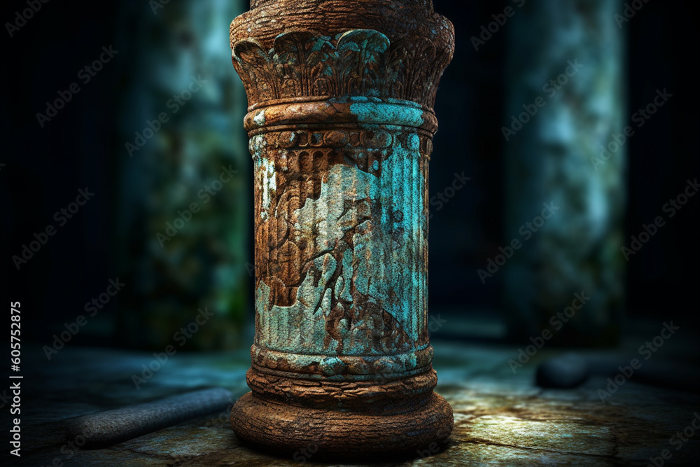 weathered texture and patina of an ancient Greek column, reflecting the ...