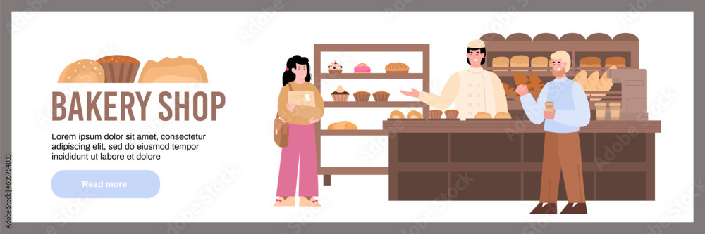Bakery shop counter with baker in uniform and customers, web banner ...