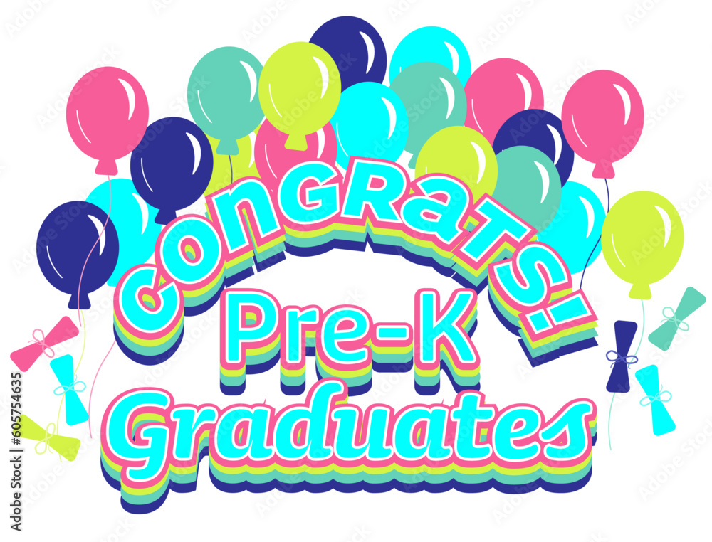 Pre-K Graduation Banner Text with Bright Colors and Balloons Stock ...