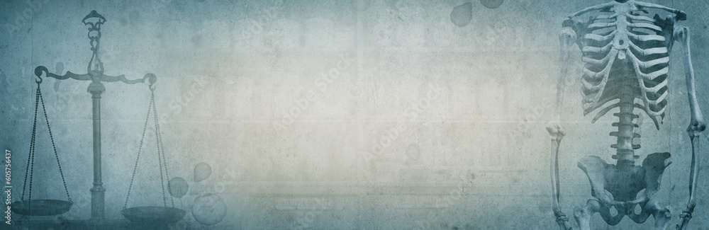 Antique scales, skeleton and drug bottles in a pharmacy. Overlay effect ...