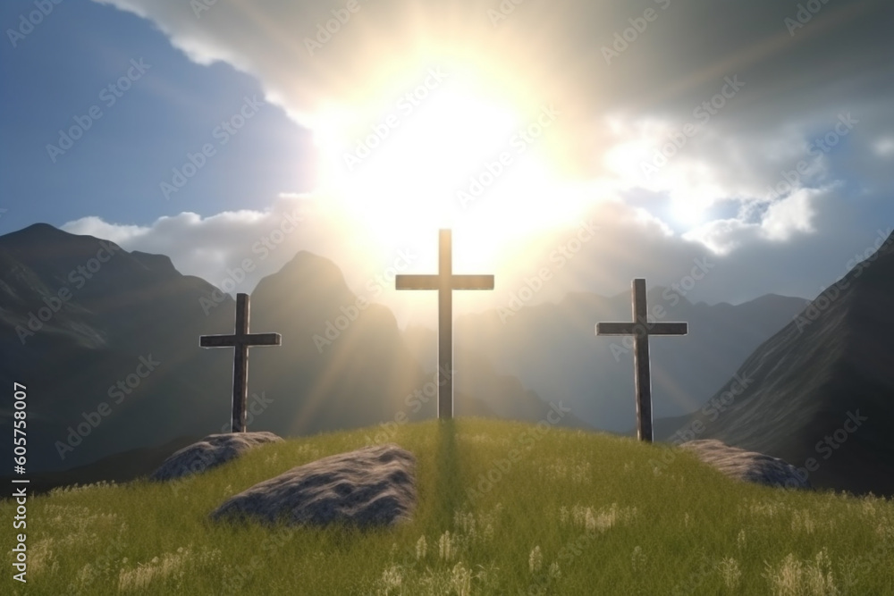 Culture and religious concept. Three crosses on green hill in sunset ...