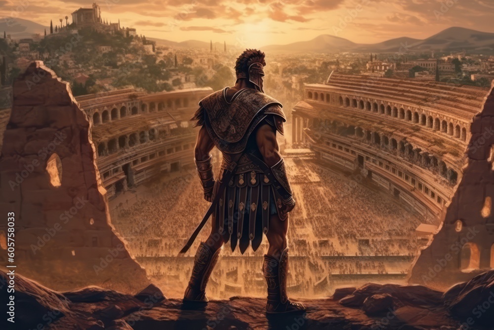 Armoured Roman SPQR Gladiator overlooking the amphitheater of ancient ...