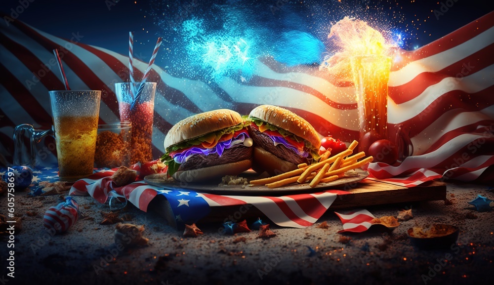 Concept art of a hamburger and Cola with the American flag, fireworks ...