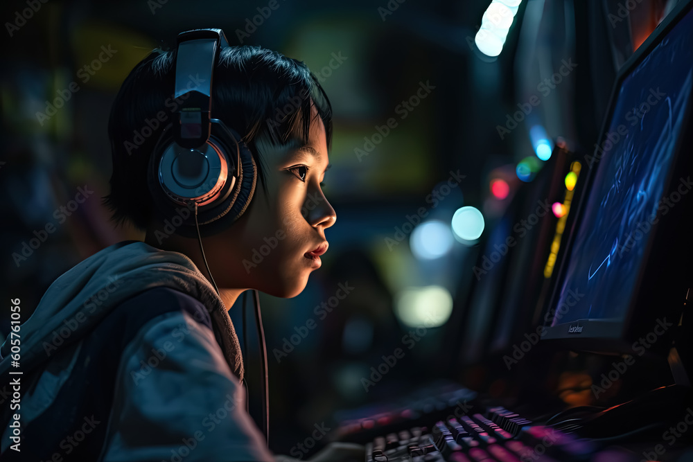 Asian Kid with gaming headphone is playing computer game on computer in ...