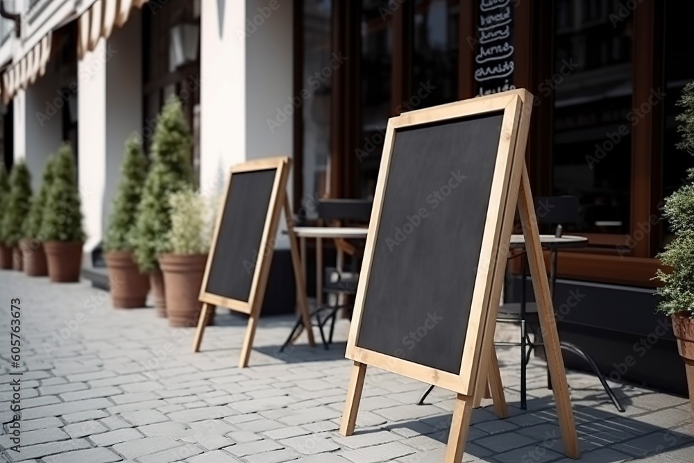 Blank restaurant shop sign or menu boards near the entrance to ...