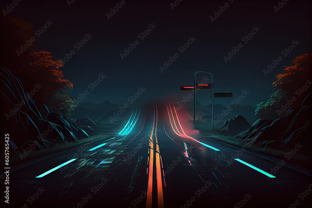 Roadmap design, neon glowing, forward movement, dark environment ...