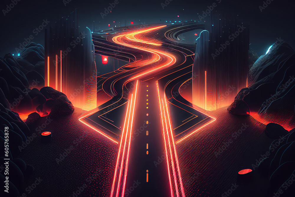Roadmap design, neon glowing, forward movement, dark environment ...