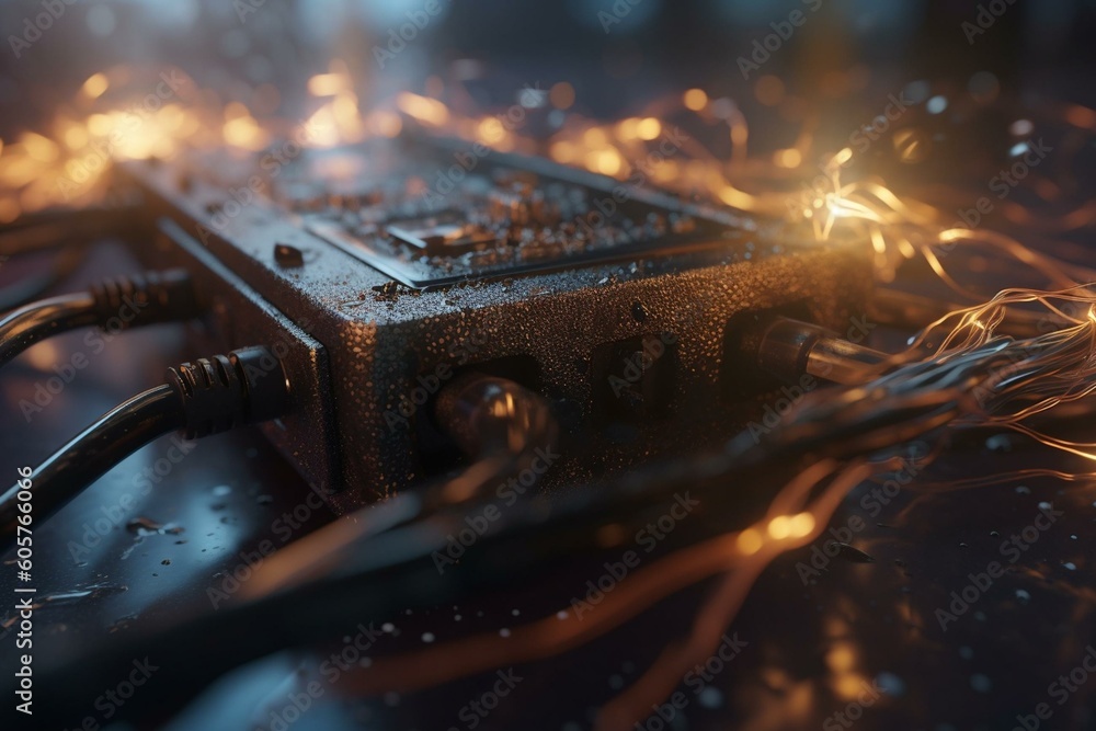 Electricity sparkles from power cable in high voltage concept. 3D ...