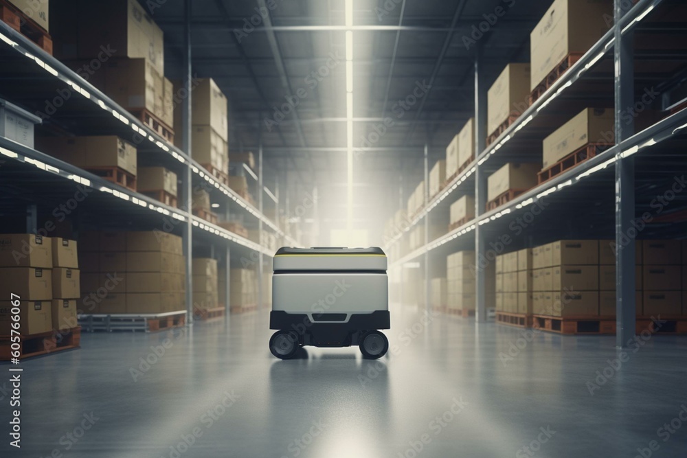 A 3D image of an autonomous mobile robot transporting shelves in an ... A 3D image of an autonomous mobile robot transporting shelves in an ...