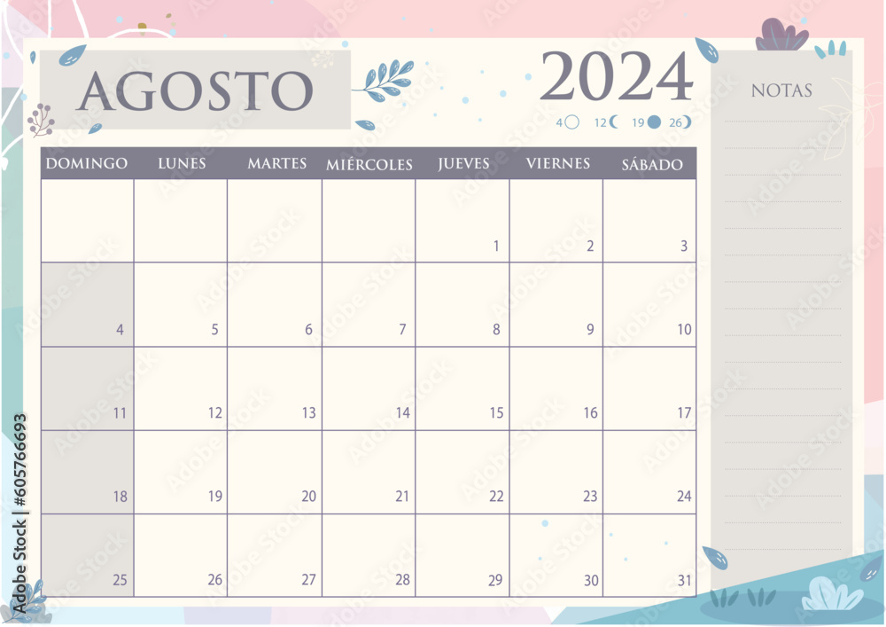 Calendario Planificador 2024 en Español - Mes de Agosto Stock Vector ...