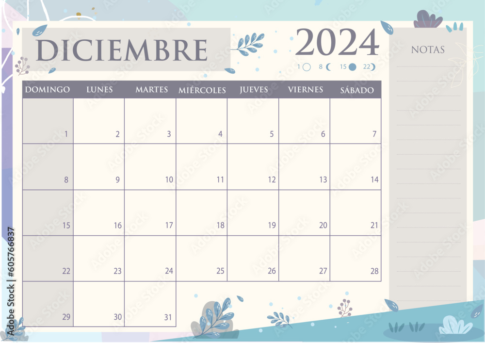 Calendario Planificador 2024 en Español - Mes de Diciembre Stock Vector ...