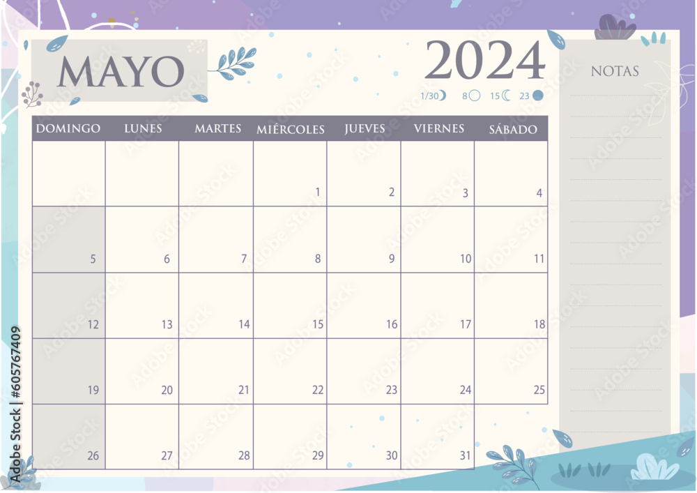 Calendario Planificador 2024 en Español - Mes de Mayo Stock Vector ...