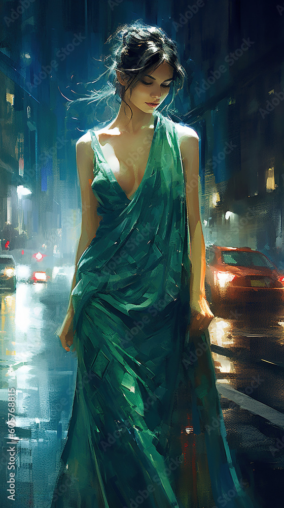 A painting of a woman wearing a green dress in a rain-drenched city ...