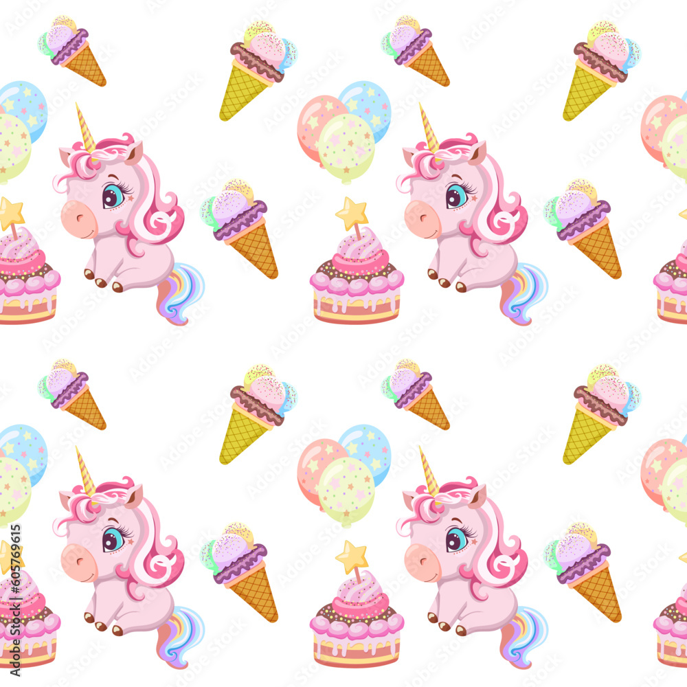 Seamless pattern background with drawn cartoon cute pink unicorns ...