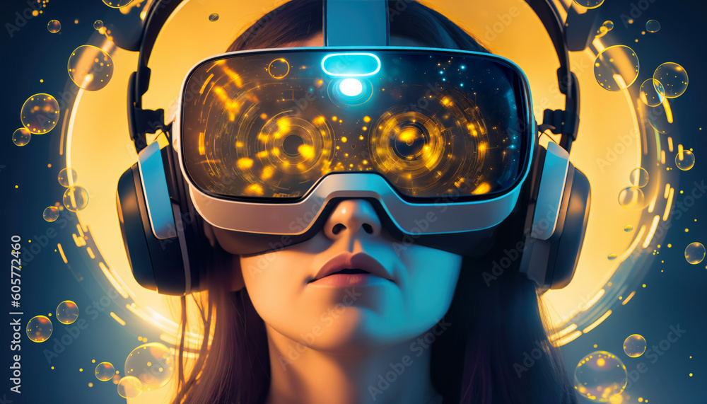 young girl wearing AR glasses gazes into a virtual world. The HUD ...