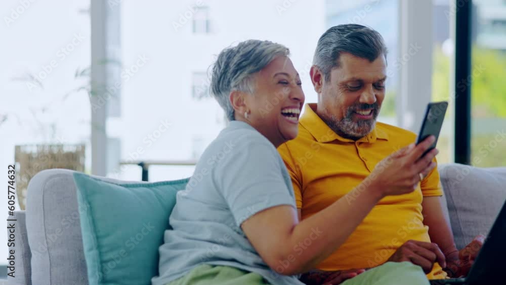Talking, phone and happy elderly couple laughing at online meme, funny ...
