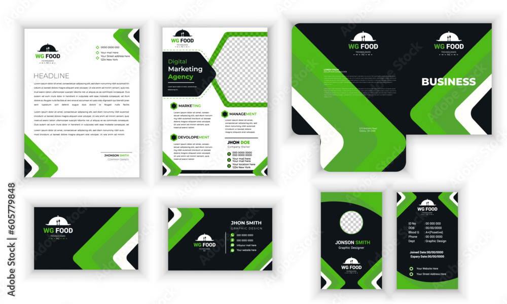 Brand Identity Mock-Up of stationery set with green, black and white ...