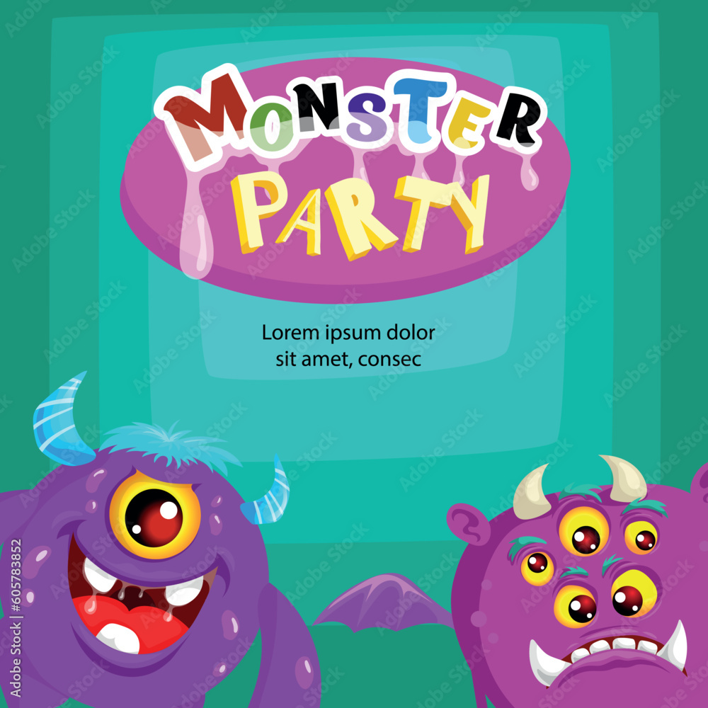 Monster Party banner design template. Cute cartoon monsters mascots ...