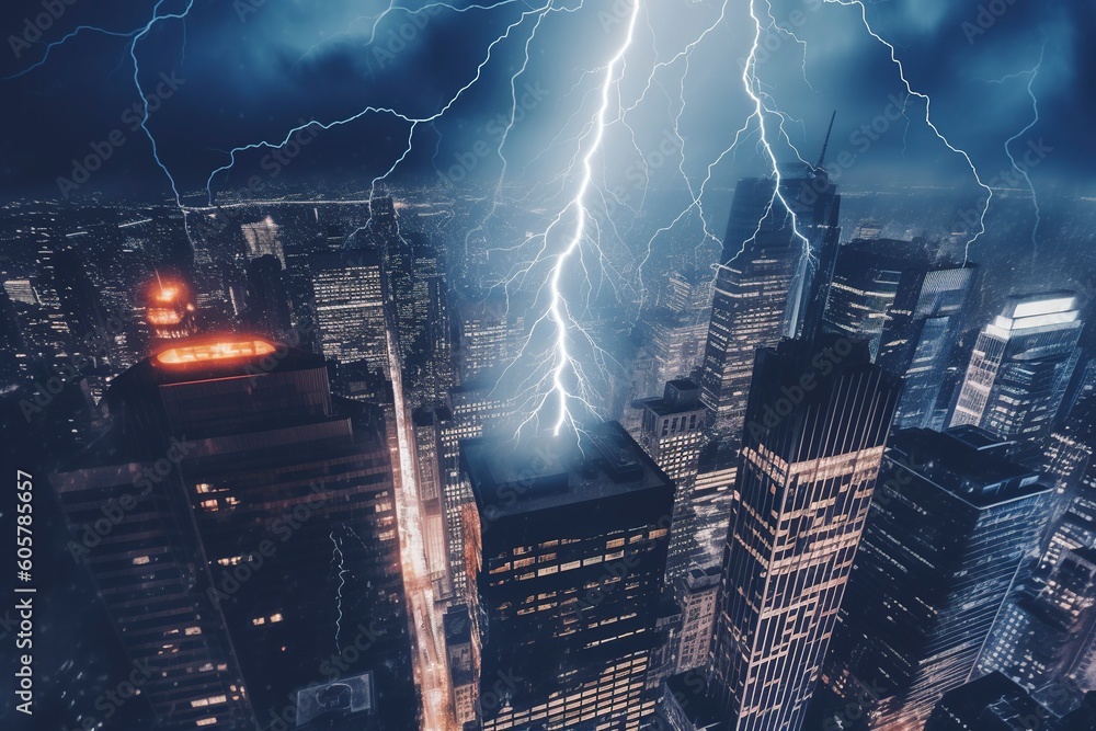 As bolts of lightning illuminate the night sky, a powerful display of ...