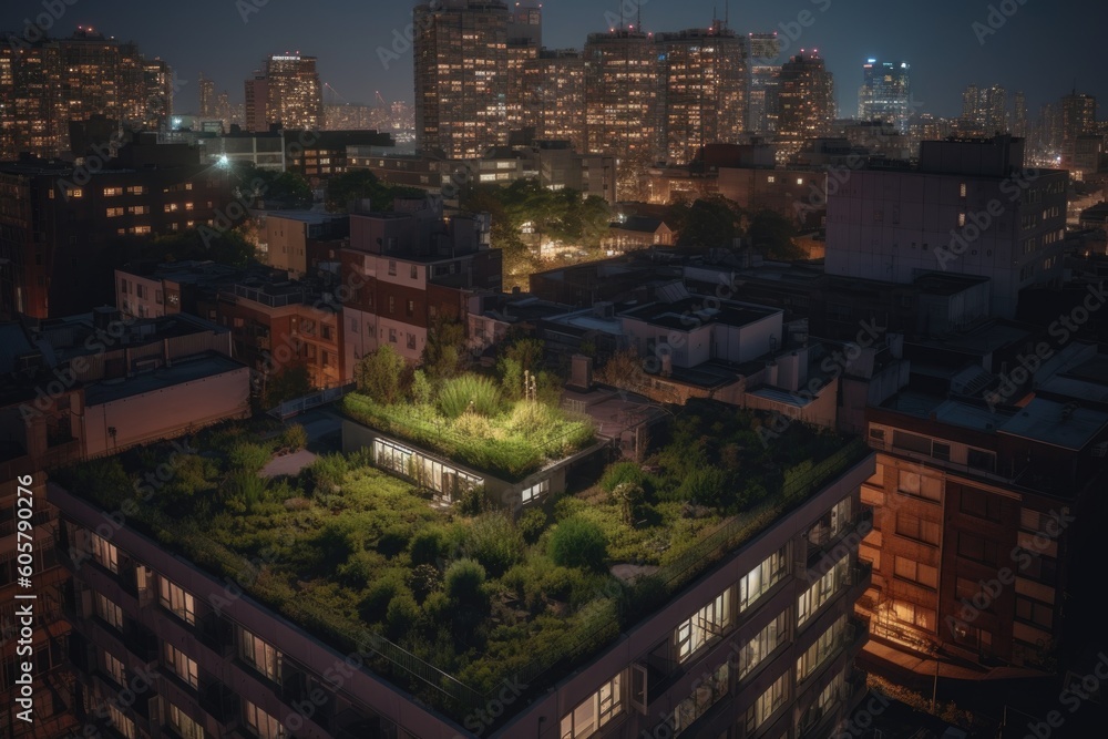 World Environment Day. A city skyline with green buildings and rooftop ...