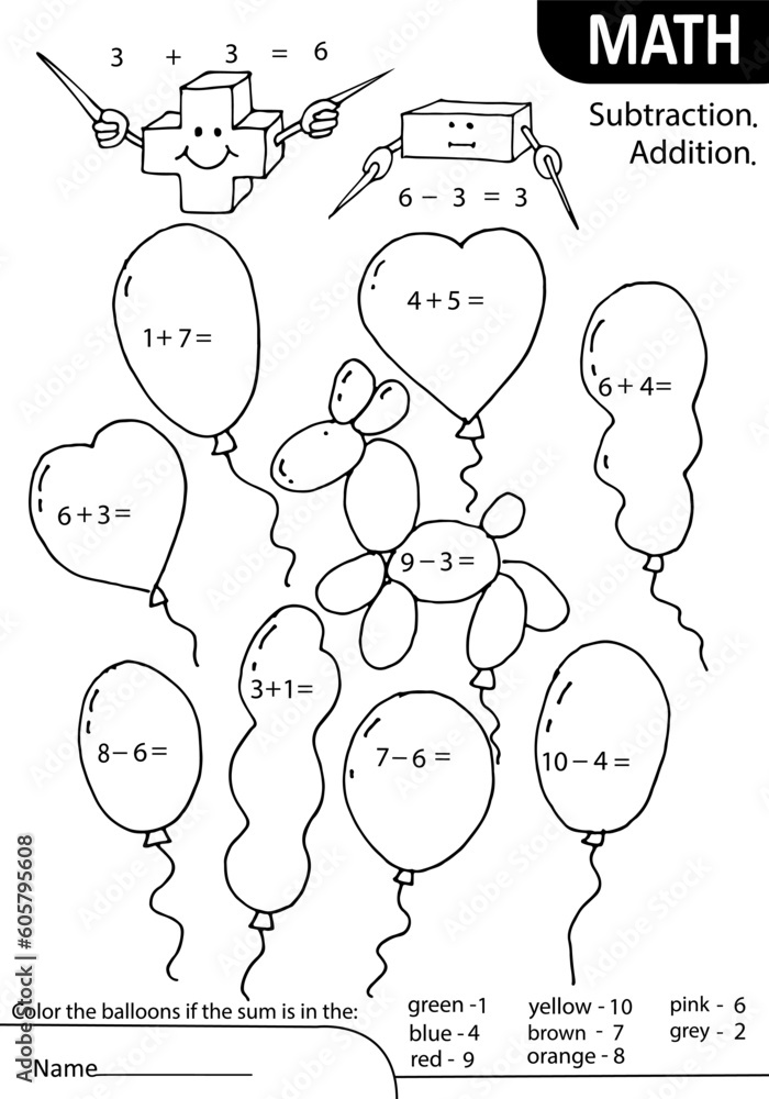 Math learning game. Addition and subtraction up to ten. Count and color ...
