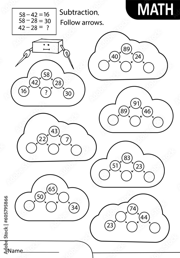 Math learning game. Calculation with subtraction. Count and write the ...