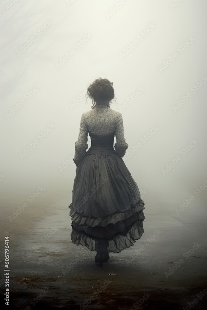 pretty victorian woman. rear view. back view. walking away. black and ...