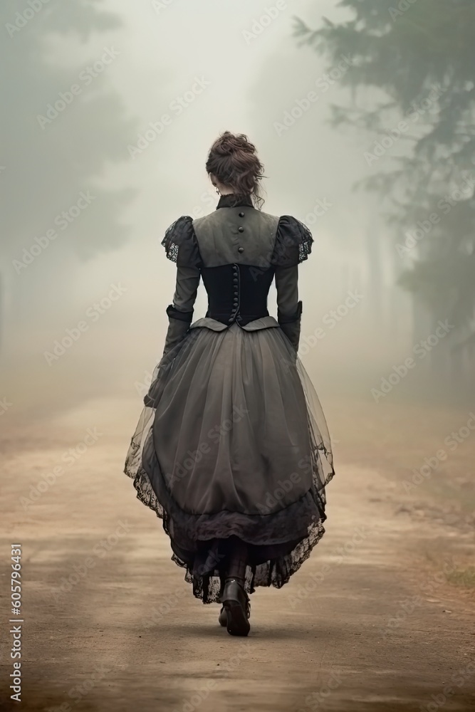 rear view of a regency woman wearing a black vintage dress walking away ...