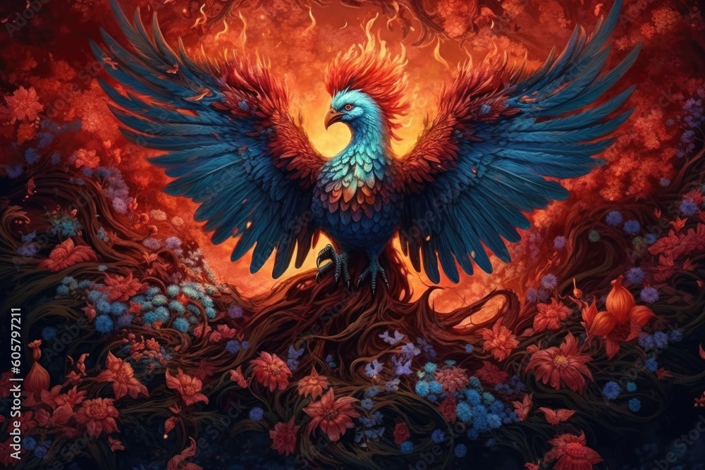 Phoenix bird on fire background, illustration, ai generative Stock ...