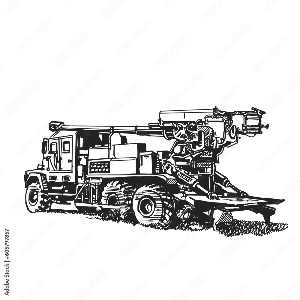 Self-propelled artillery hand graphic drawing. Military equipment Stock ...