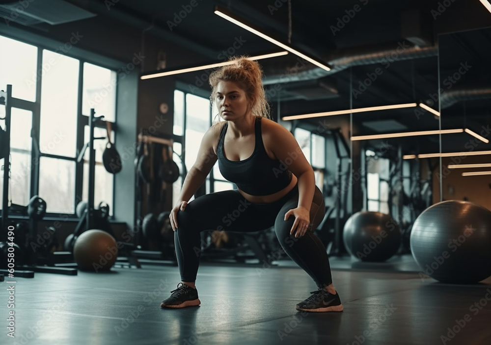 Portrait of a fat woman doing sports in the gym. Motivation for a ...