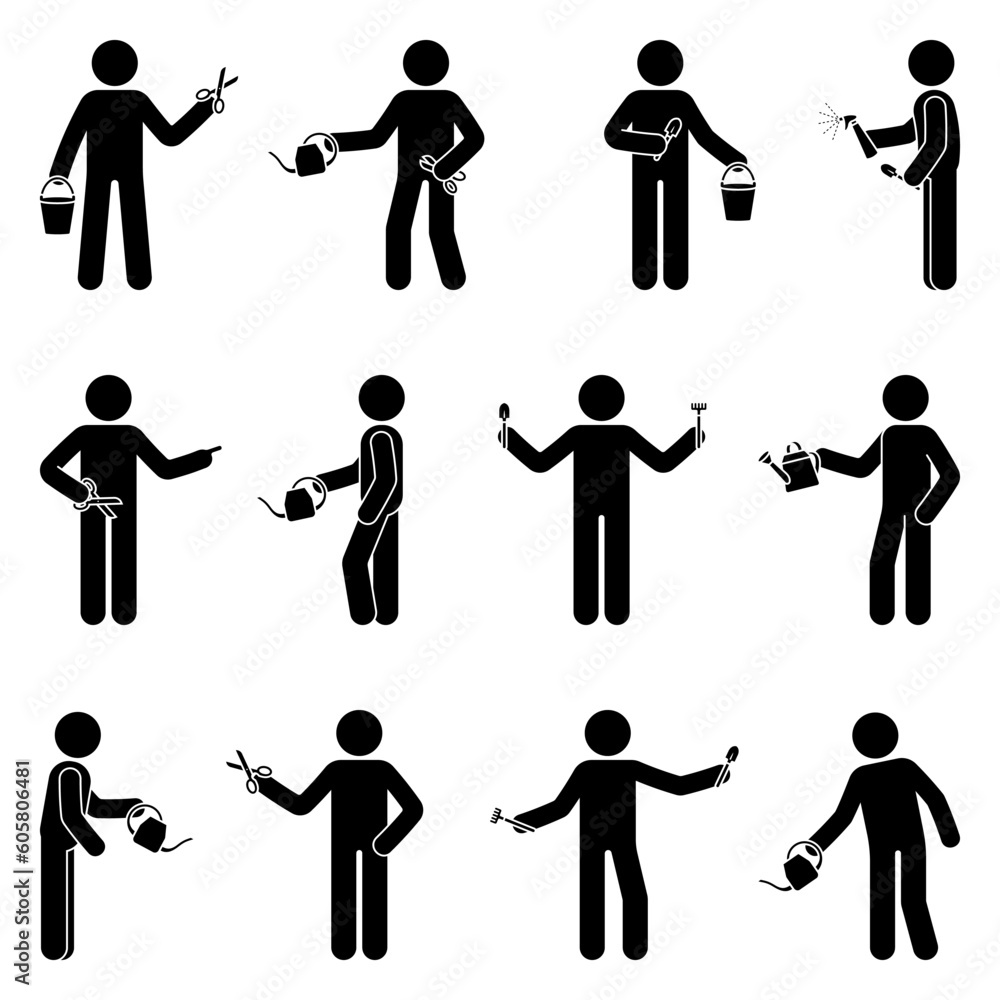Stick figure man standing with garden tools vector illustration set ...