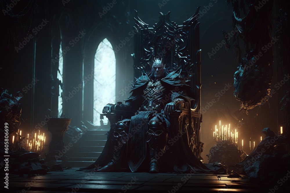 An eerie dark fantasy throne room with a dark lich lord siting at the ...