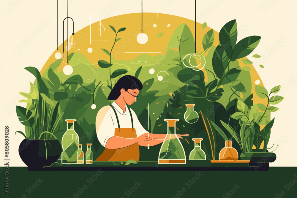 Doodle inspired Botanist at research lab, cartoon sticker, sketch ...