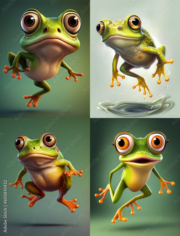 cartoon, four options of jumping frogs, with big eyes and cute little ...