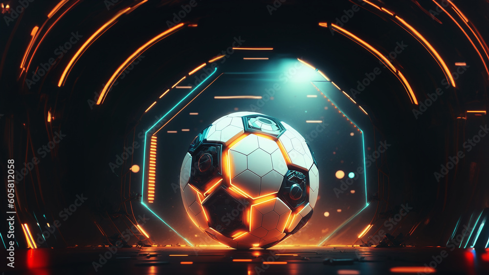 mechanical futuristic soccer ball or football with neon glowing at the ...