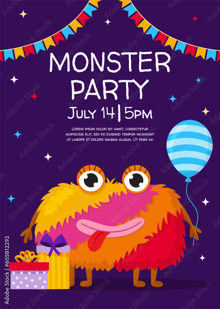 Vector monster party happy birthday poster template. Funny alien ...