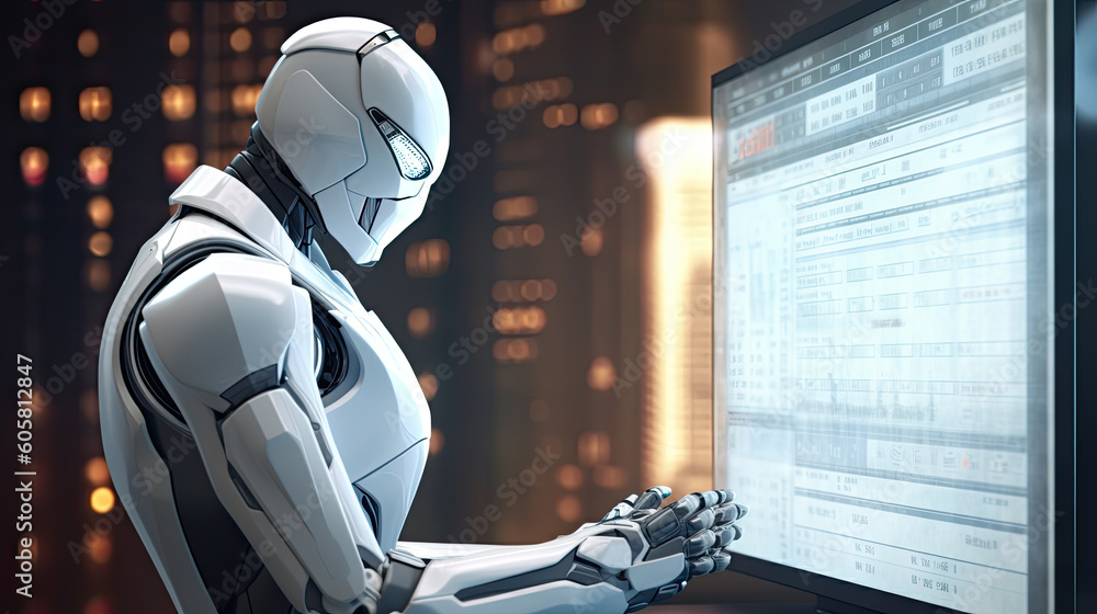 Robot working at computer. Maschine typing on keyboard in office. IT ...