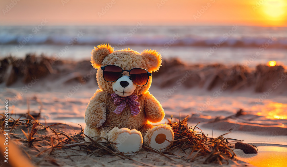 Teddy bear in sunglasses on sandy beach by sea, ocean at sunset ...